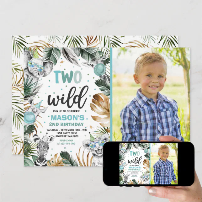 Two Wild Safari Jungle Animals 2nd Birthday Party Invitation | Zazzle