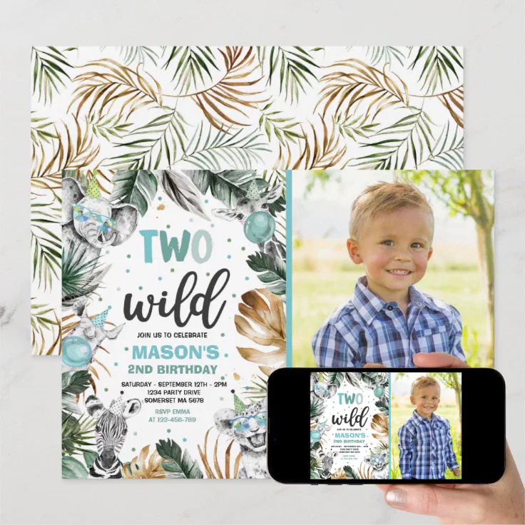 Two Wild Safari Jungle Animals 2nd Birthday Party Invitation | Zazzle