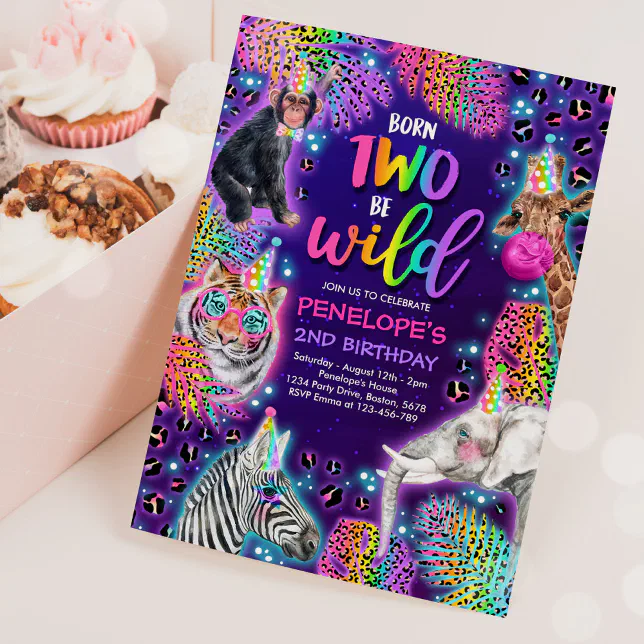 Two Wild Safari Neon Rainbow Cheetah Birthday Invitation | Zazzle