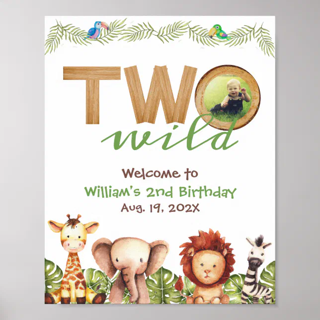 Two Wild Safari Welcome Photo Wood 2nd Birthday Poster | Zazzle