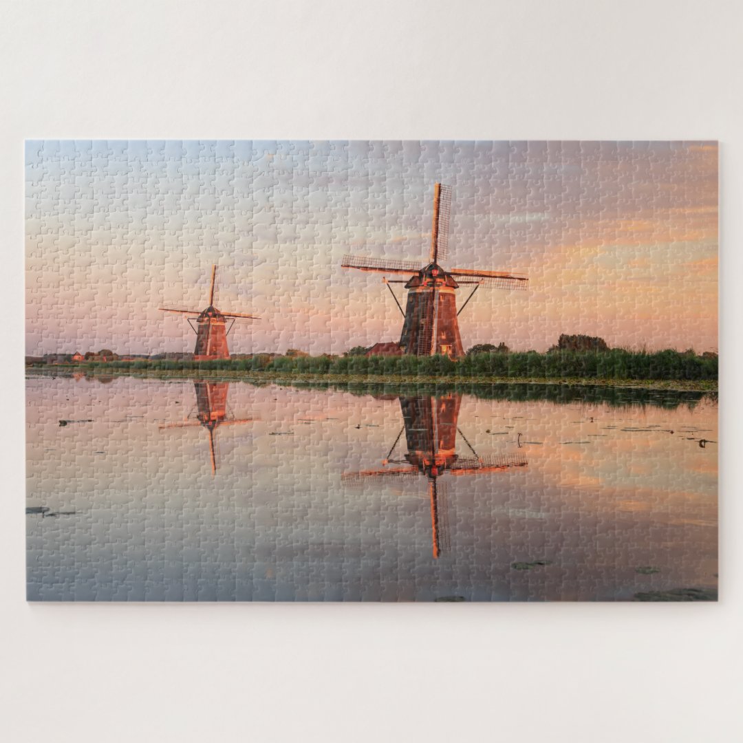Two windmills with reflection at sunset jigsaw puzzle | Zazzle