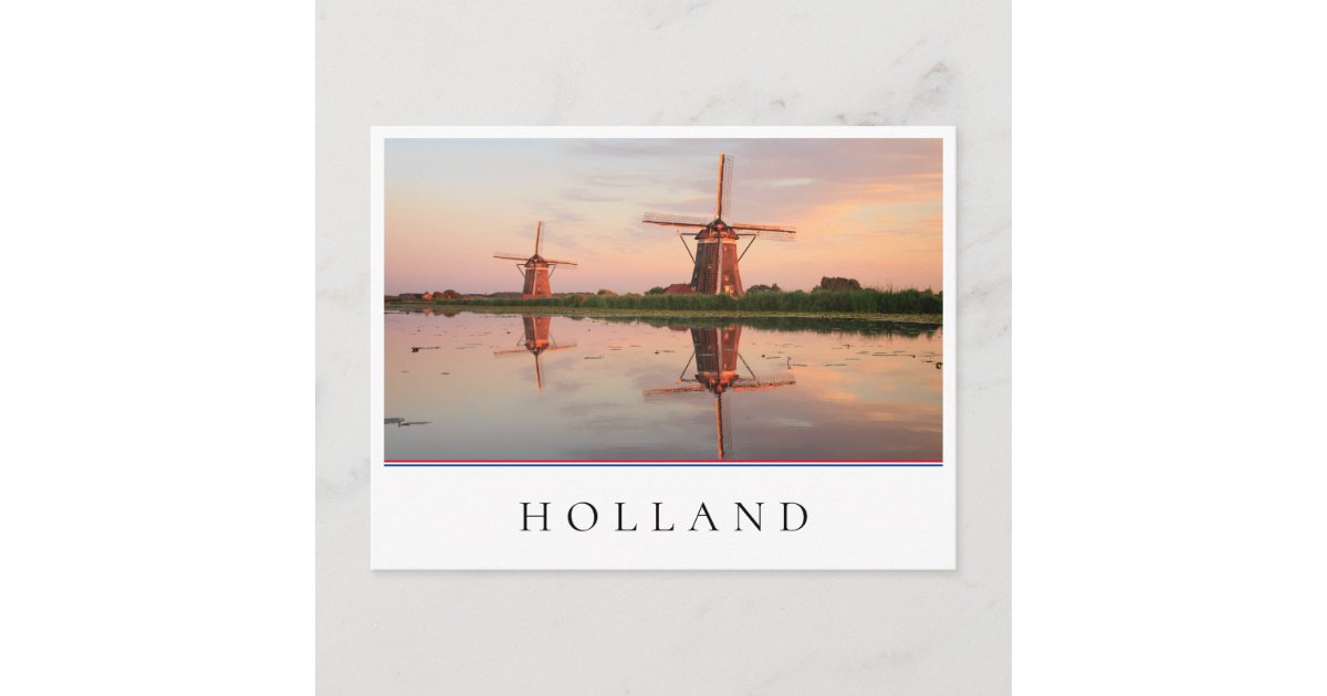 Two windmills with reflection at sunset postcard | Zazzle