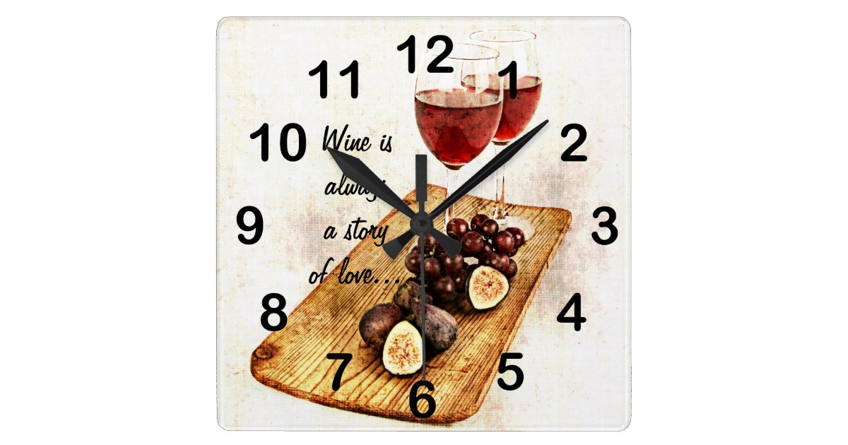 two wine glassesand fruit square wall clock | Zazzle.com