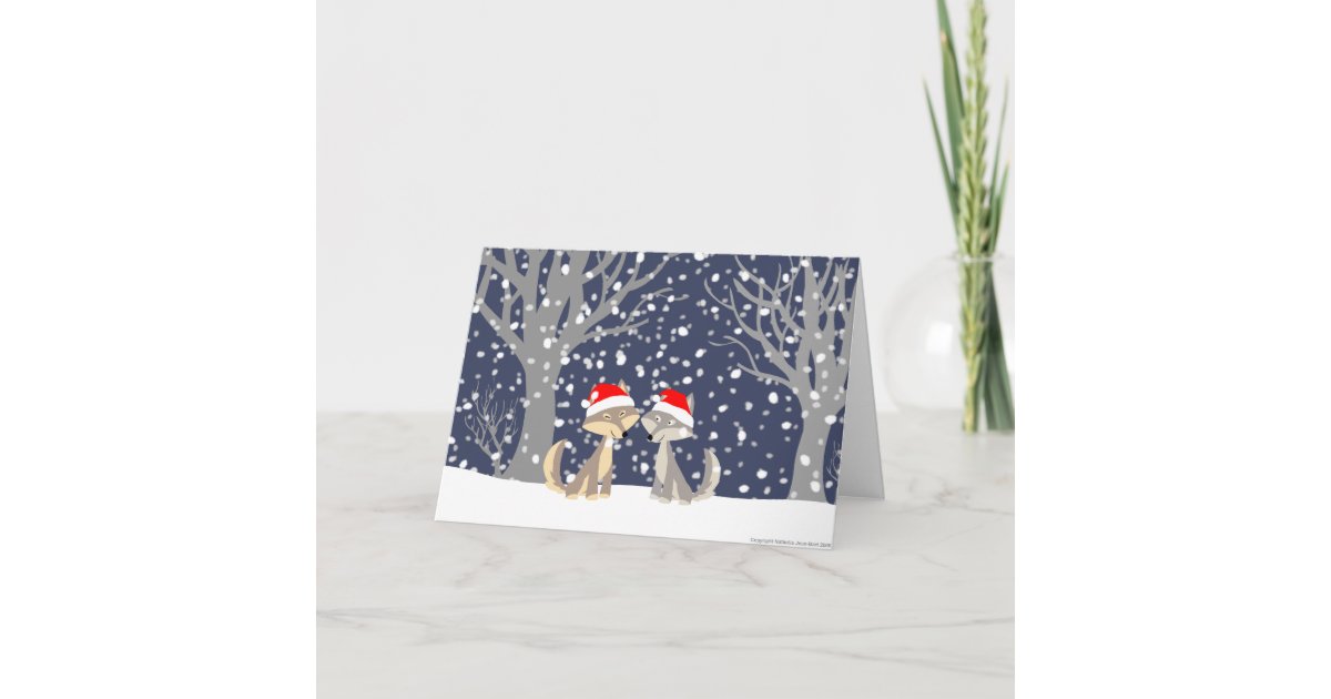 Two wolves in winter Christmas greeting card | Zazzle