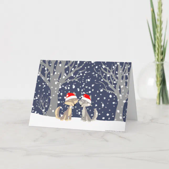 Two wolves in winter Christmas greeting card | Zazzle