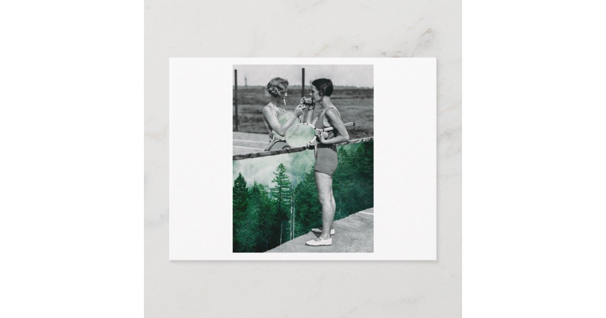 Two women playing tennis and smoking. Collage Art. Postcard | Zazzle