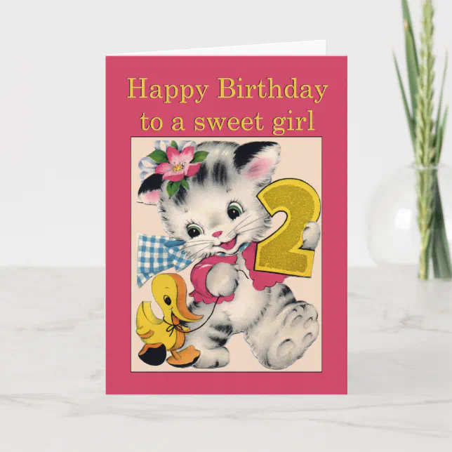 Two year old girl Birthday Card cat and duck | Zazzle