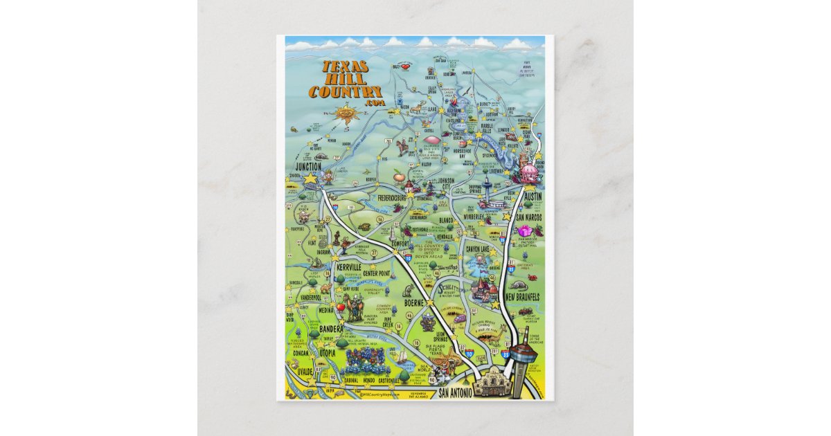 TX Hill Country Cartoon Map Postcard | Zazzle