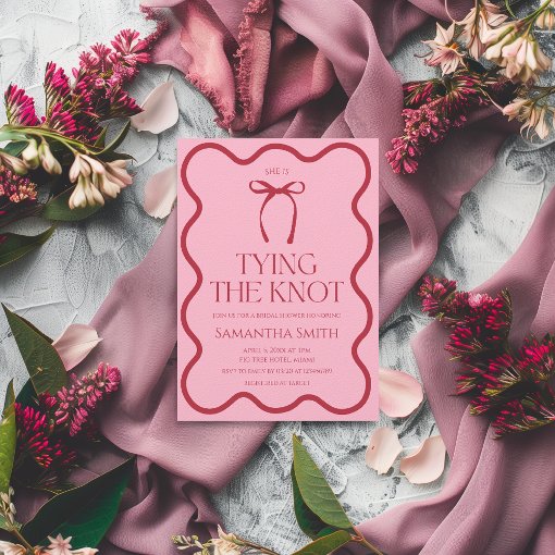 Tying the Knot Bow Tie Bridal Shower Pink Red Invitation | Zazzle