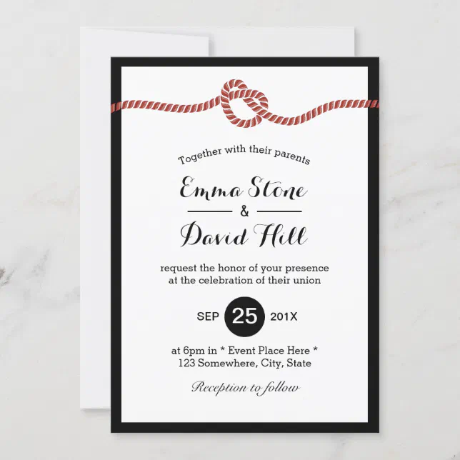 Tying the Knot Red Rope Heart Simple Wedding Invitation | Zazzle