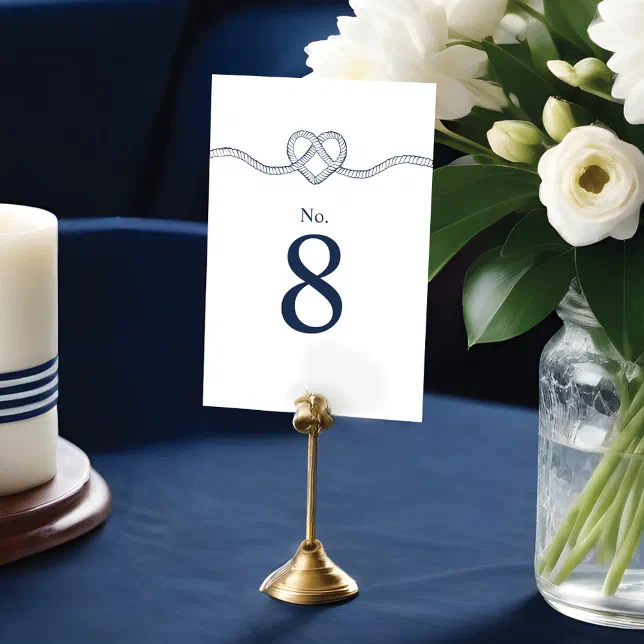 Tying The Knot Rope Heart Nautical White & Navy Table Number | Zazzle