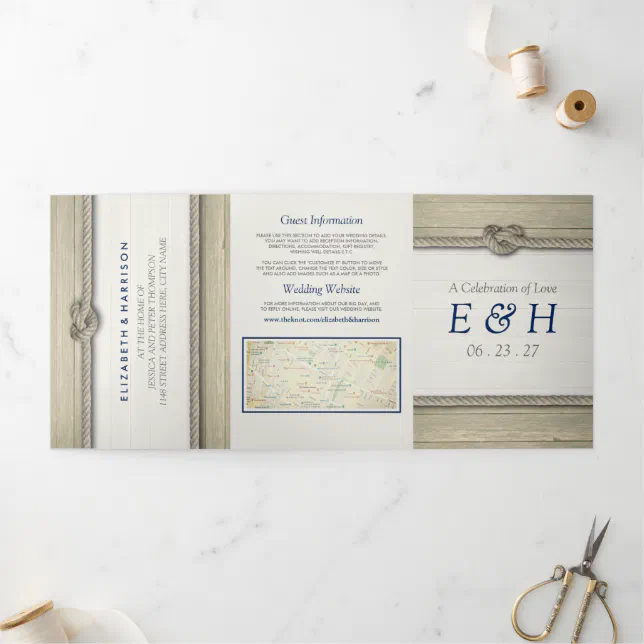 Tying The Knot Rustic Beach Wedding Suite Tri-Fold Invitation | Zazzle