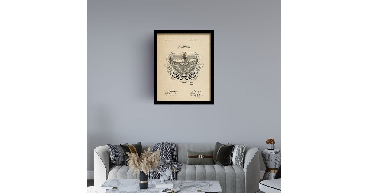 Type writing machine original retro patent framed art | Zazzle
