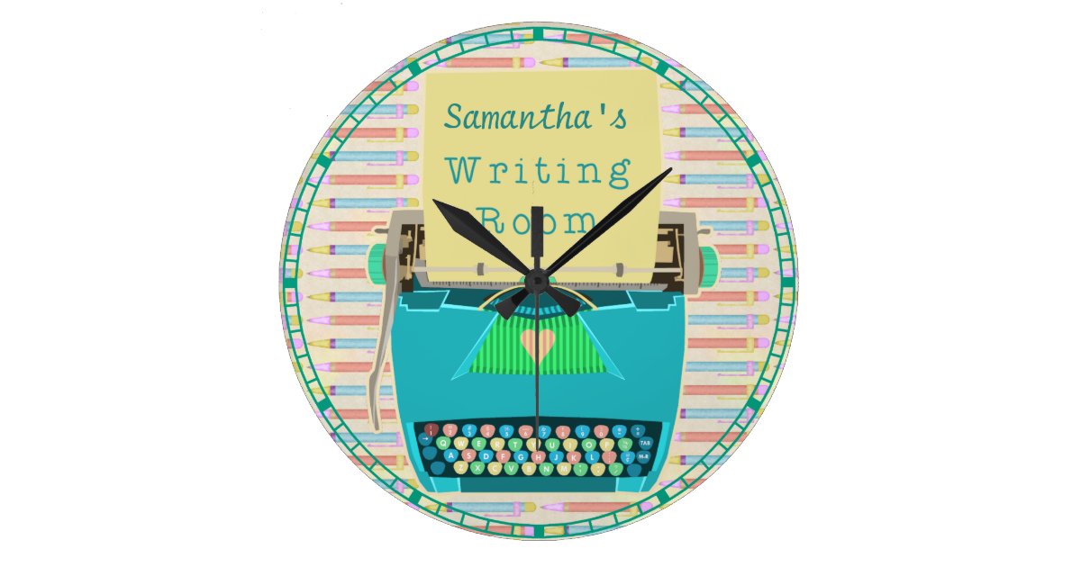 Typewriter Writing Room Personalized Author Aqua Large Clock | Zazzle