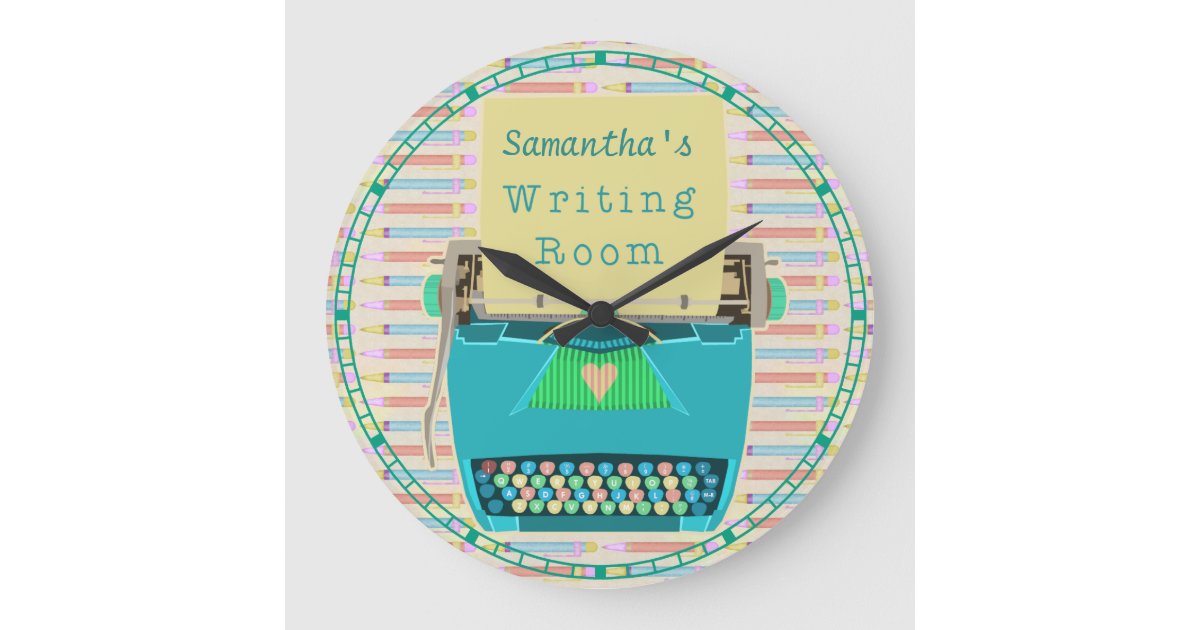 Typewriter Writing Room Personalized Author Aqua Large Clock | Zazzle