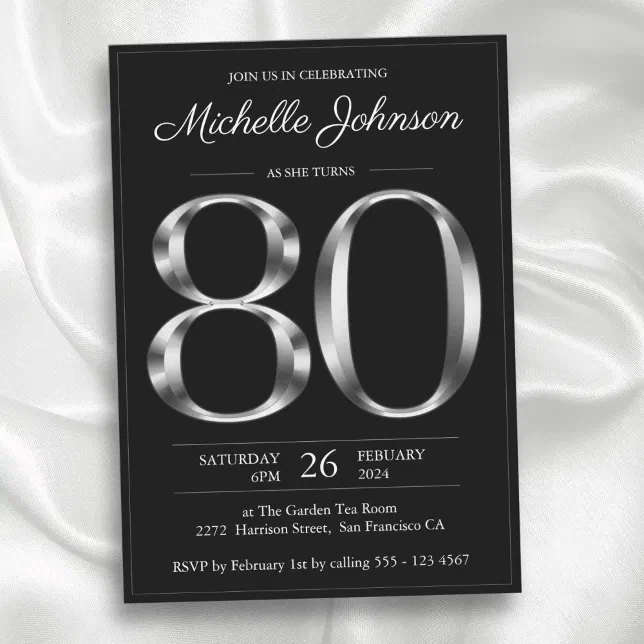 Typography Black and Silver 80th Birthday Invitation | Zazzle