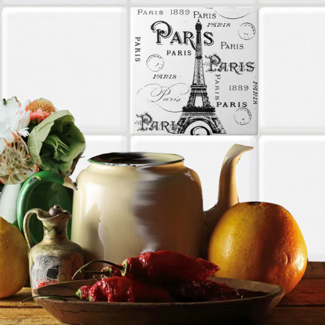 Typography Calligraphy Paris France Eiffel Tower Tile | Zazzle