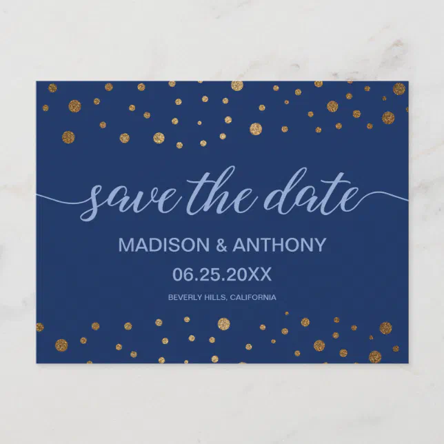Typography Navy Blue Gold Wedding Save the date Postcard | Zazzle