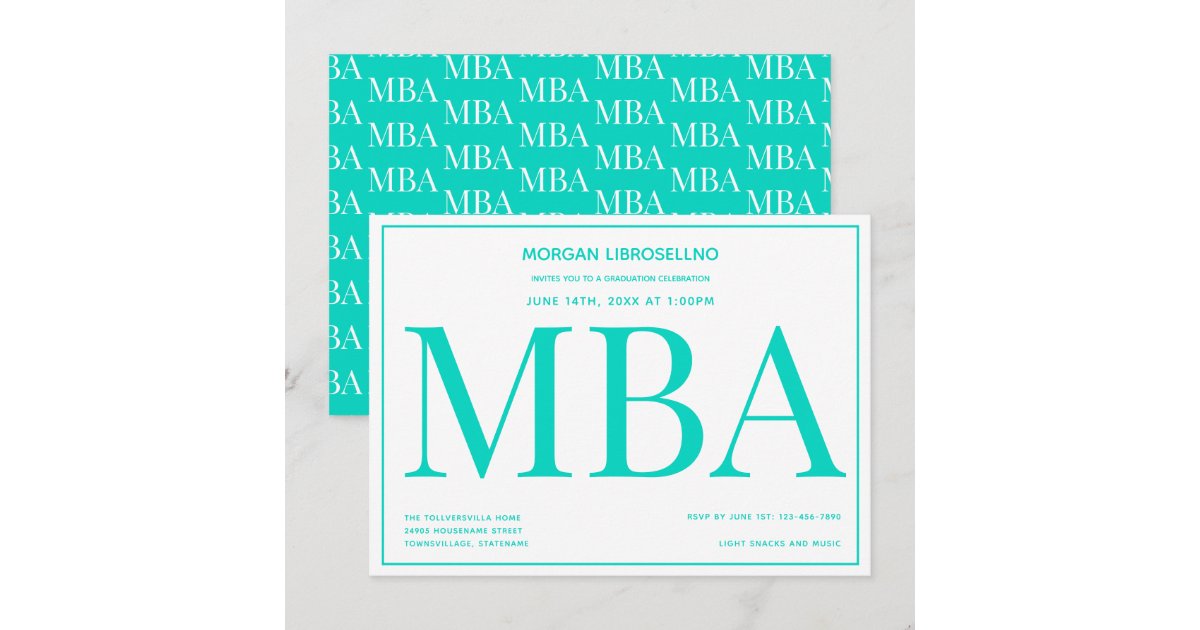 Typography Teal White MBA Graduation Party Invitation | Zazzle