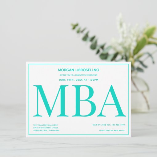 Typography Teal White MBA Graduation Party Invitation | Zazzle