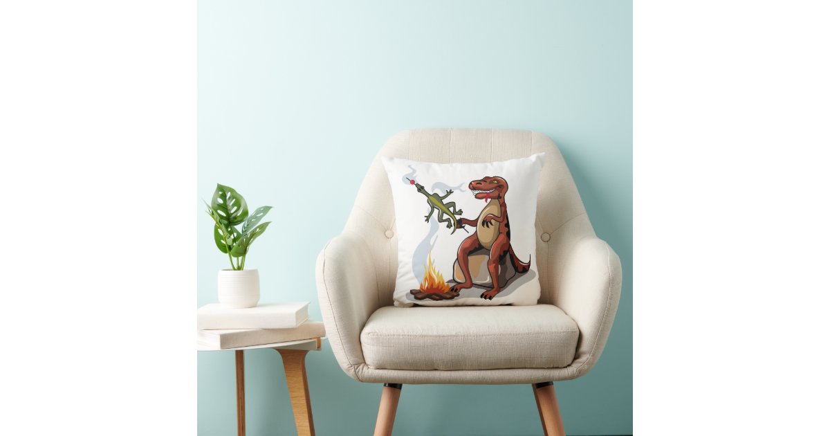 Tyrannosaurus Rex Cooking Food Over A Campfire. Throw Pillow | Zazzle