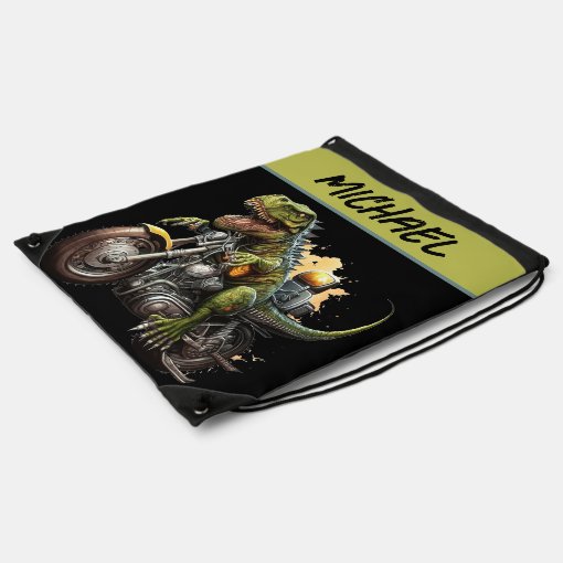 Tyrannosaurus Rex Dinosaur Riding a Motorcycle Drawstring Bag | Zazzle