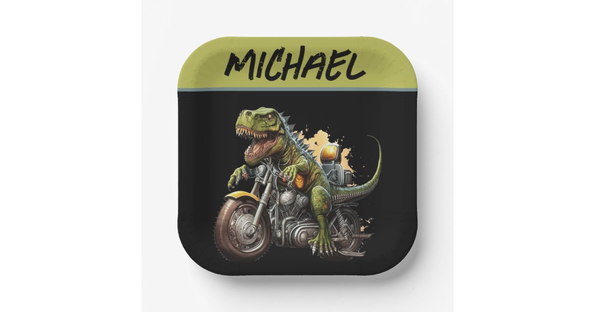 Tyrannosaurus Rex Dinosaur Riding a Motorcycle Paper Plates | Zazzle