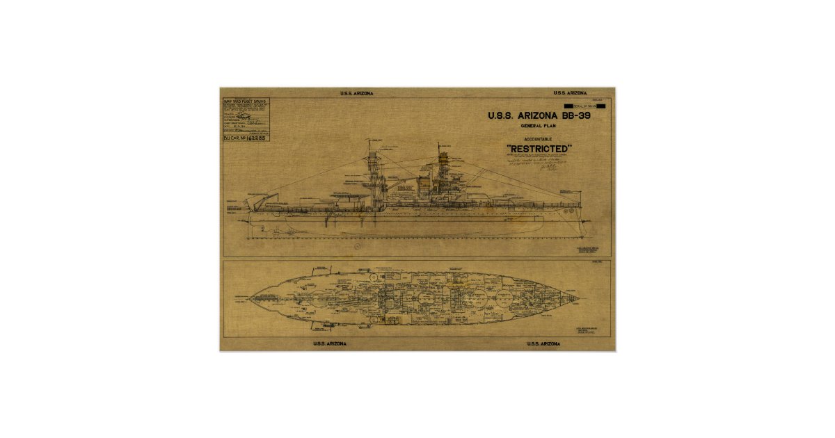 U.S.S. ARIZONA Battleship Blueprint 1934 Poster | Zazzle
