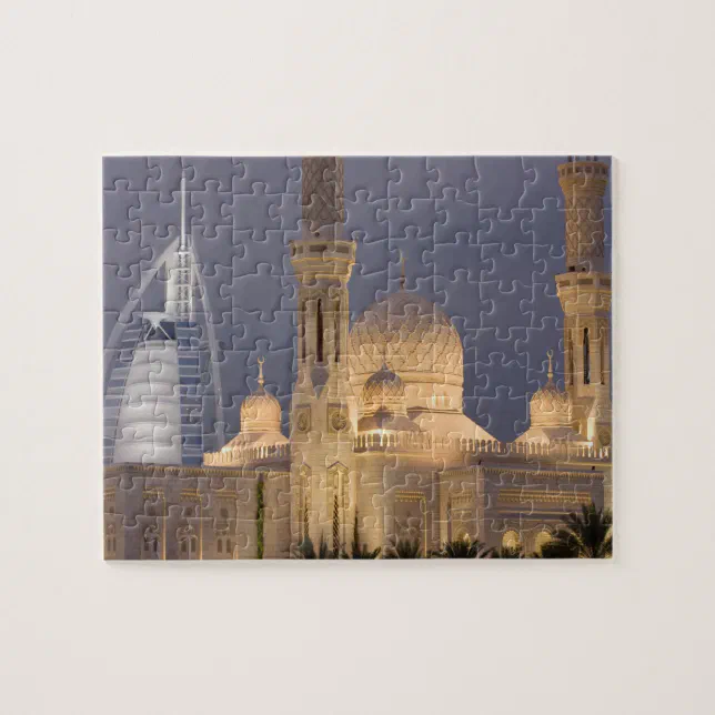 UAE, Dubai. Mosque in evening with Burj al Arab Jigsaw Puzzle | Zazzle