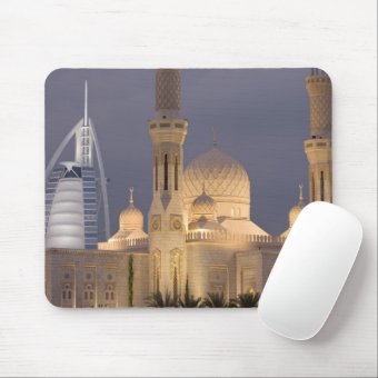 UAE, Dubai. Mosque in evening with Burj al Arab Mouse Pad | Zazzle