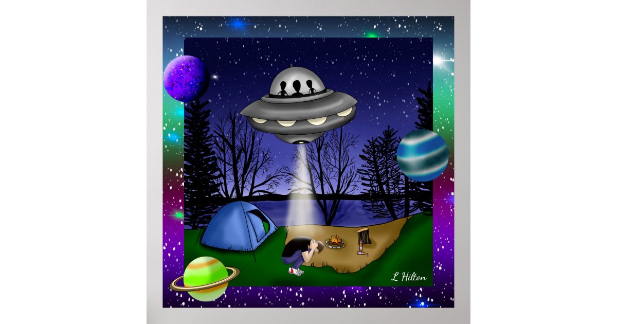 UFO Extraterrestrial Abduction Alien with Planets Poster | Zazzle