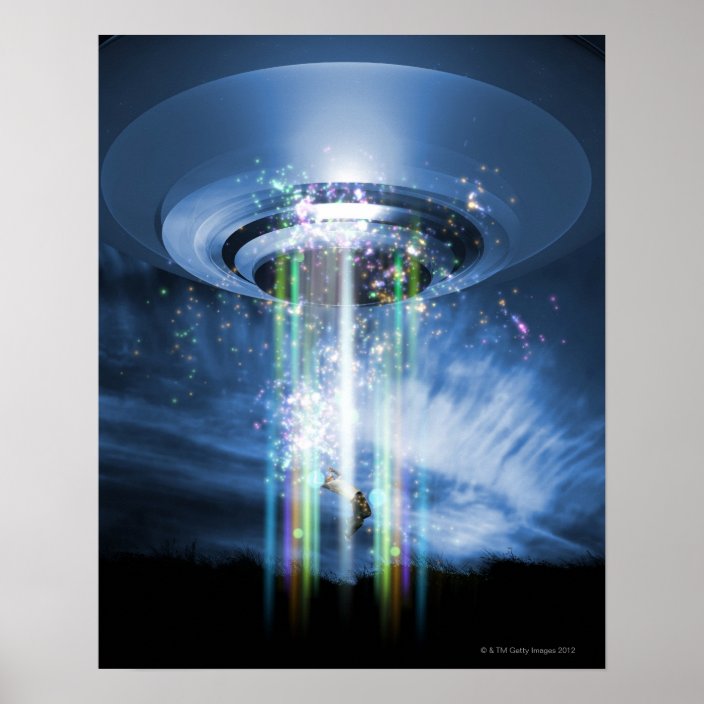 UFO hovering above Earth while abducting humans. Poster | Zazzle.com