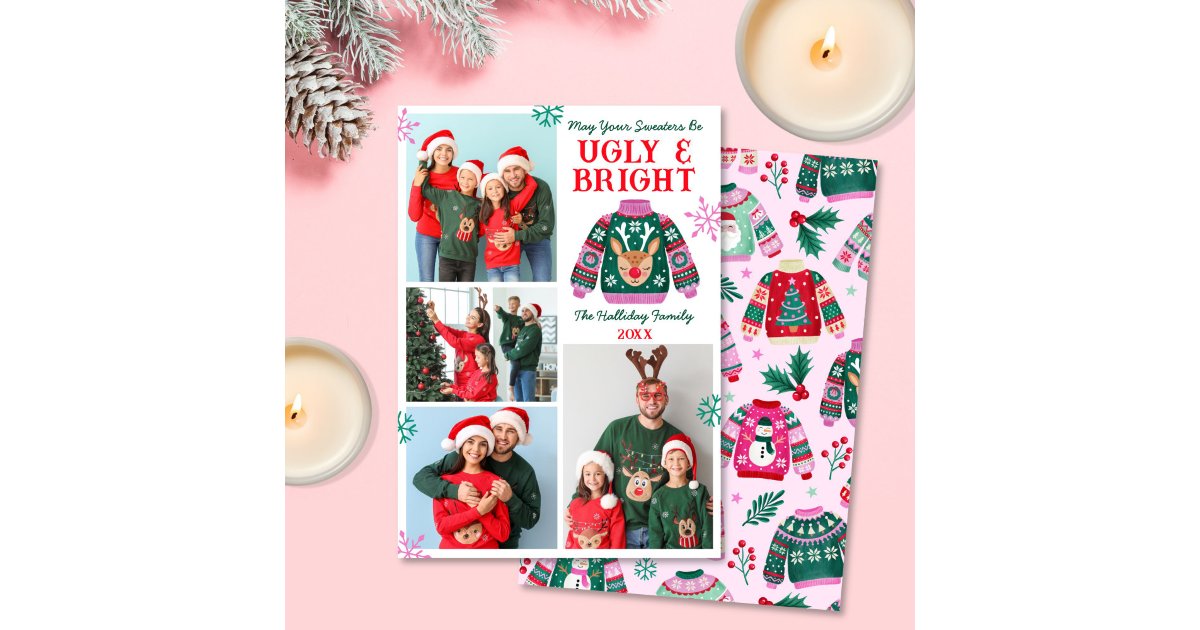 Ugly and Bright 4 Photo Christmas Sweater Collage Holiday Card | Zazzle