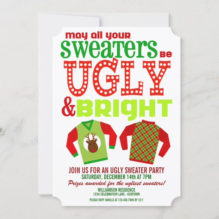 Ugly & Bright Christmas Sweaters Party Invitation | Zazzle