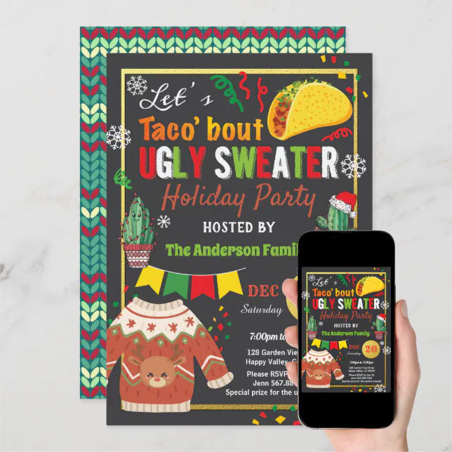 Ugly sweater Christmas party taco Invitation | Zazzle