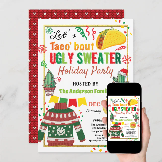 Ugly sweater Christmas party taco'bout holiday Invitation | Zazzle