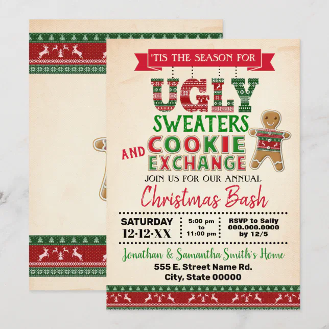 Ugly sweater & Cookie exchange Christmas bash Invitation | Zazzle