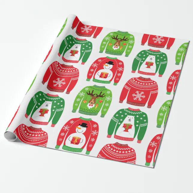Ugly Xmas Sweaters Polar Bear Snowman Rudolf Red Wrapping Paper | Zazzle