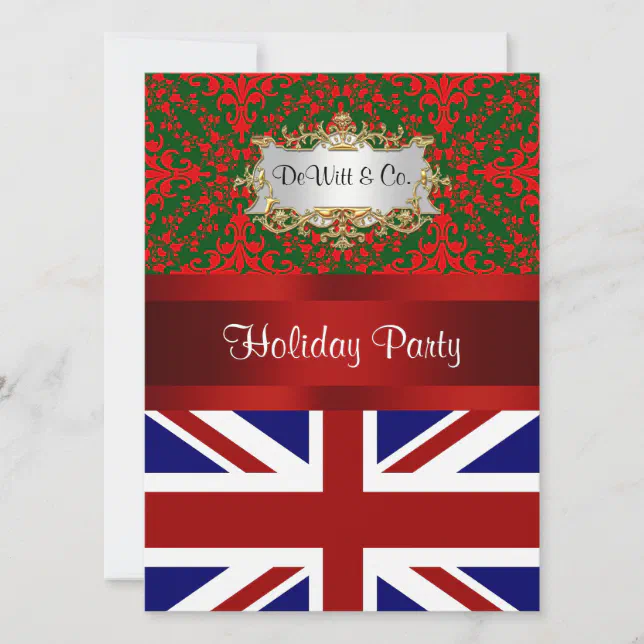 UK England Flag Christmas Holiday Damask 2 V Party Invitation | Zazzle