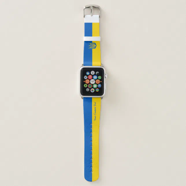 Ukrainian flag with coat of arms and custom text apple watch band | Zazzle