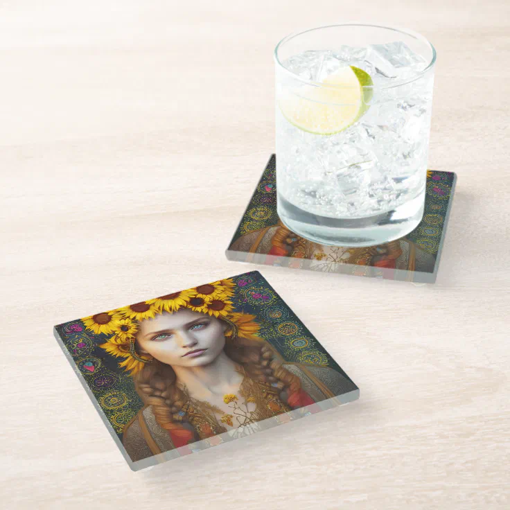 Ukrainian Girl of Amulets & Sunflowers Glass Coaster | Zazzle