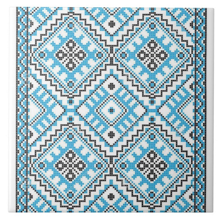 Ukrainian Vyshyvanka Blue Embroidery Ceramic Tile | Zazzle
