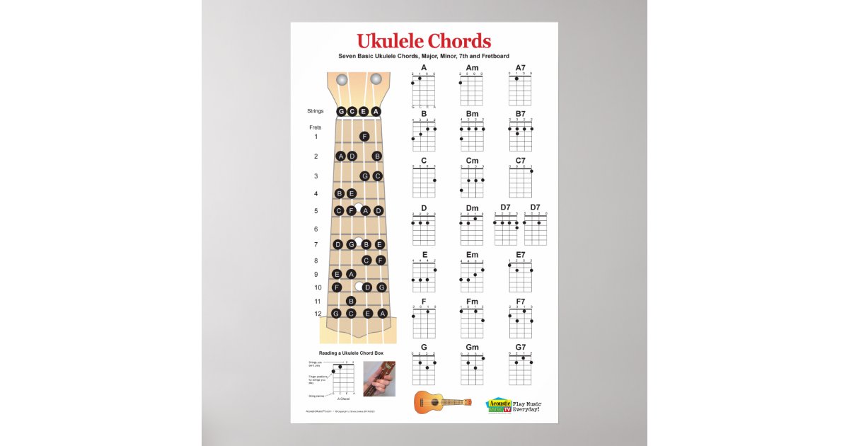 Ukulele Chord Chart and Fretboard Practice Poster | Zazzle