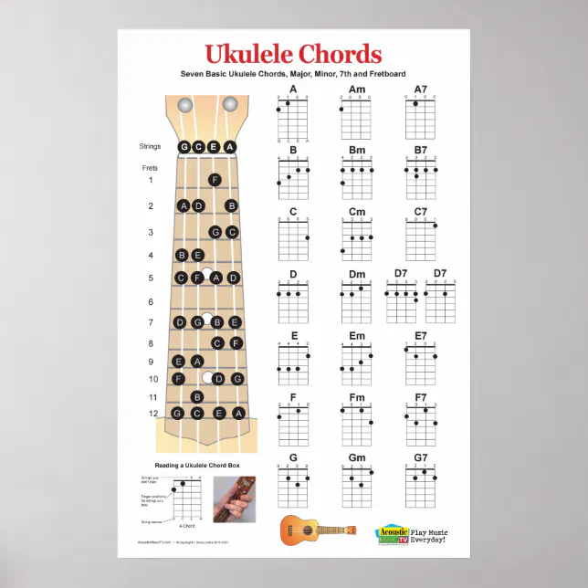 Ukulele Chord Chart and Fretboard Practice Poster | Zazzle