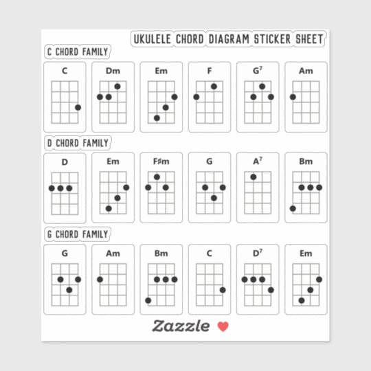 Ukulele Chord Diagram Sticker Sheet | C, D, G fam | Zazzle.com