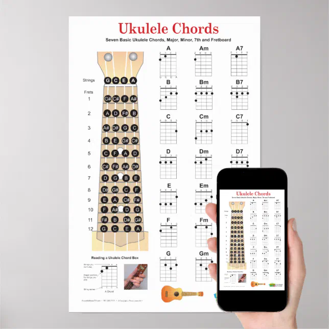 Ukulele Chords Finger Chart and Fretboard Poster | Zazzle