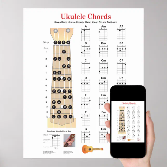 Ukulele Chords Finger Charts, Fretboard with Notes Poster | Zazzle