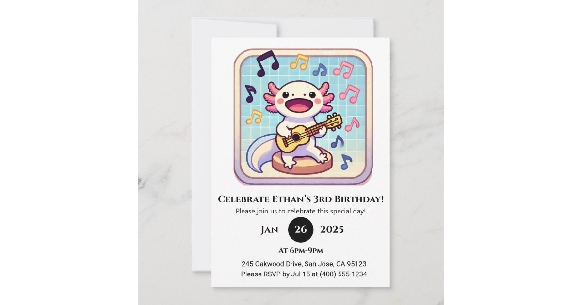 Ukulele Performer Axolotl Birthday Invitation | Zazzle