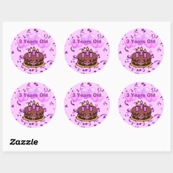 Ultra Cute 3 Years Old Birthday Cake Stickers | Zazzle