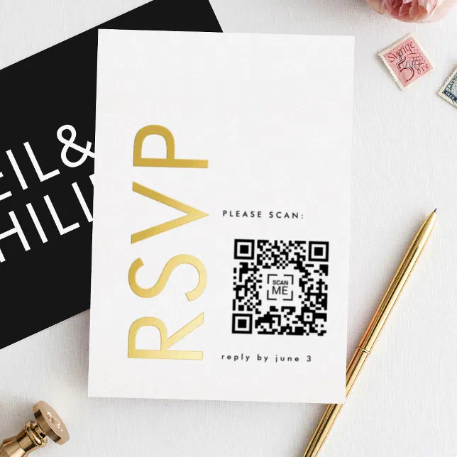 Ultra Modern Bold Names 2 x RSVP GOLD Foil Invitation | Zazzle